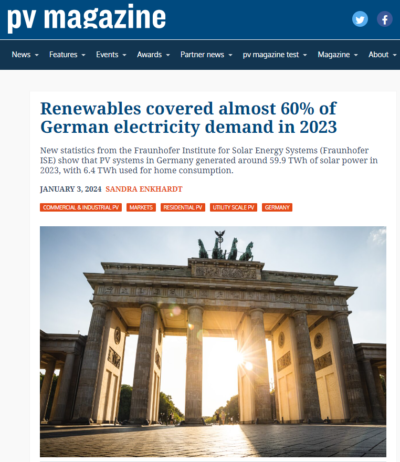Renewables Covered Almost 60% Of German Electricity Demand In 2023 → Be ...